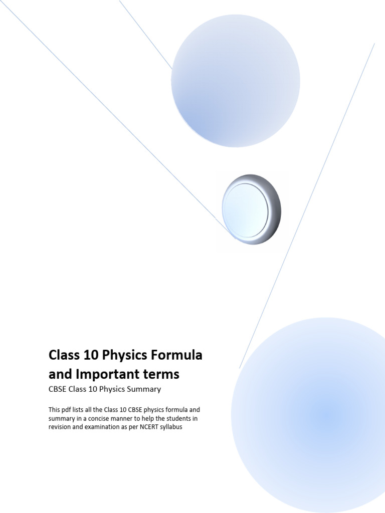 Physics Formula Booklet Class 10 | PDF | Eye | Refraction