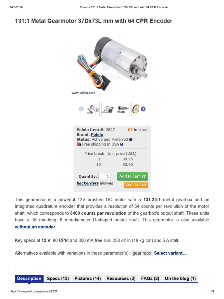 131:1 Metal Gearmotor with Encoder | PDF | Electric Motor | Electrical ...
