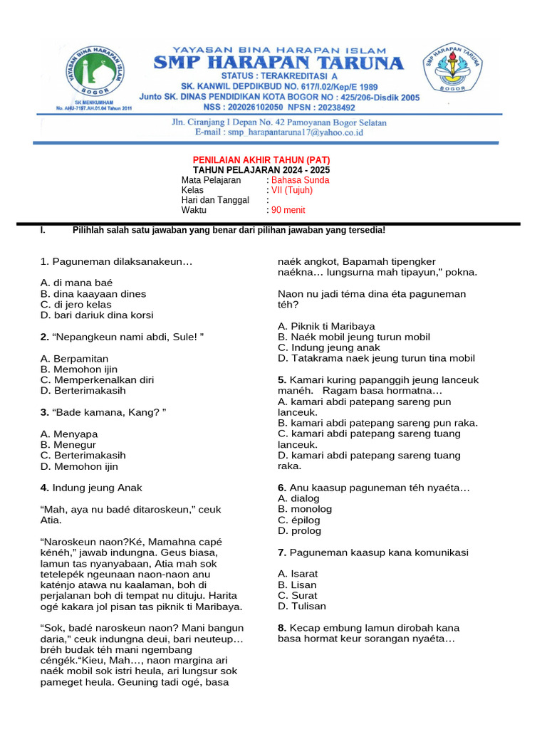 Soal PTS 1 B Sunda KLS 7 | PDF