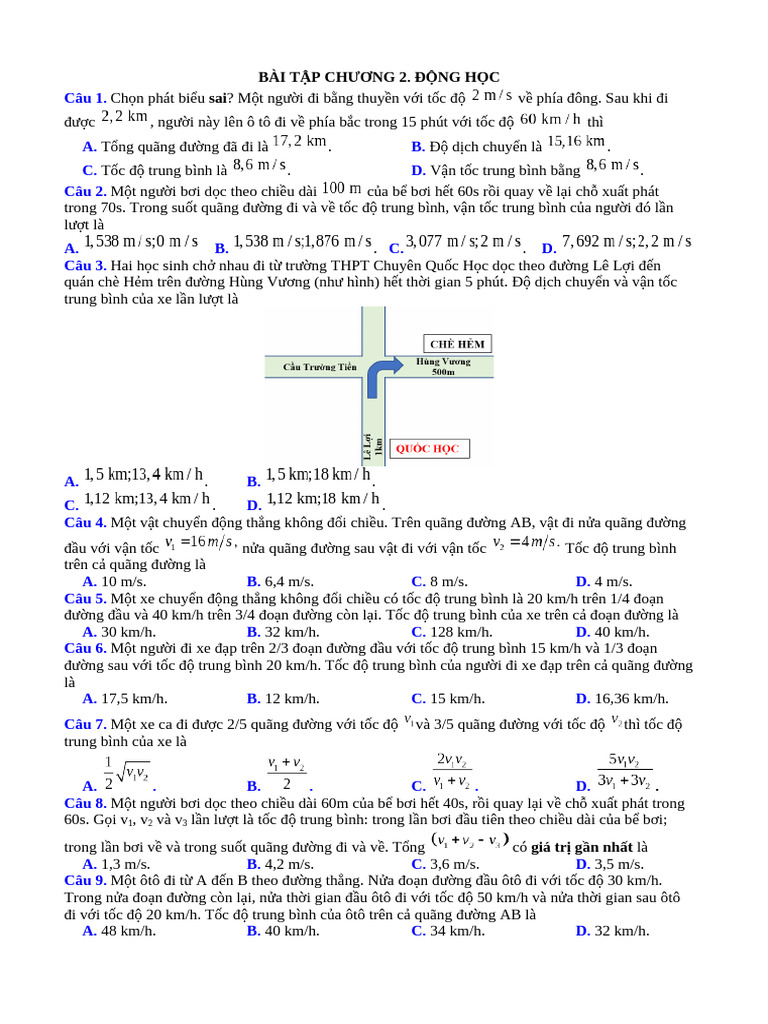 Câu 1. A. B. C. D. Câu 2.: Bài Tập Chương 2. Động Học sai | PDF