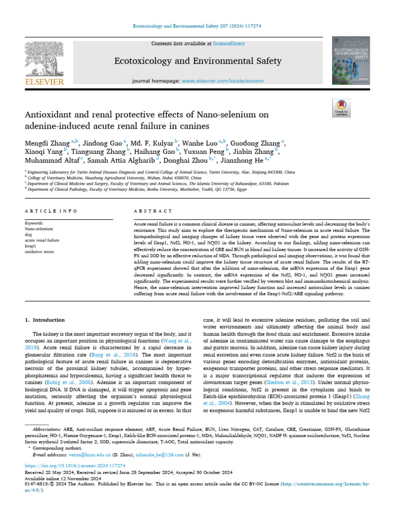 Nano-Selenium's Role in Canine Renal Health | PDF | Kidney | Selenium