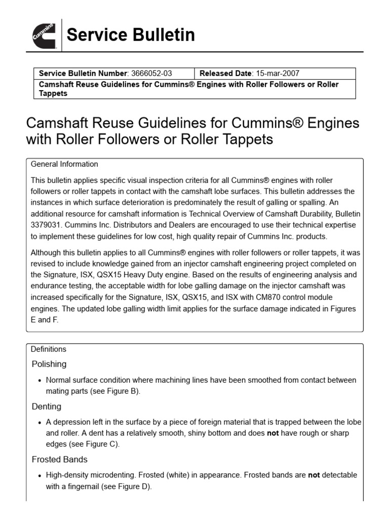 Camshaft Reuse Guidelines For Cummins® Engines With Roller Followers or Roller Tappets | PDF ...