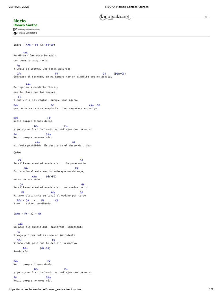 Letra y acordes de "Necio" - Romeo Santos | PDF