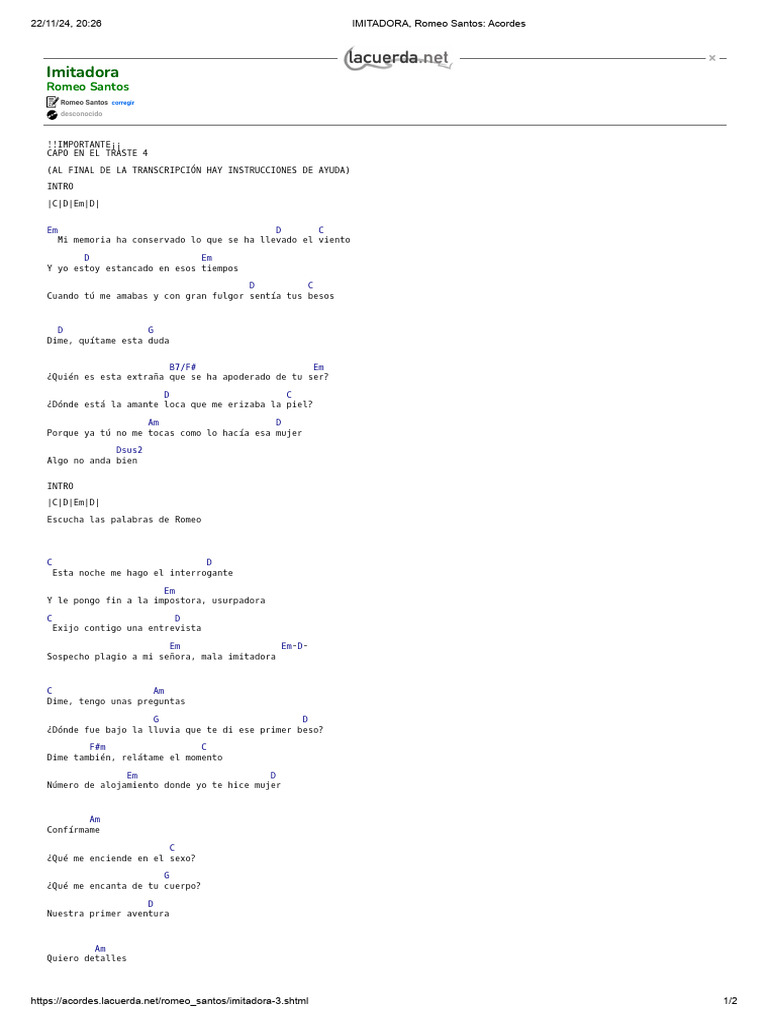 IMITADORA, Romeo Santos - Acordes | PDF