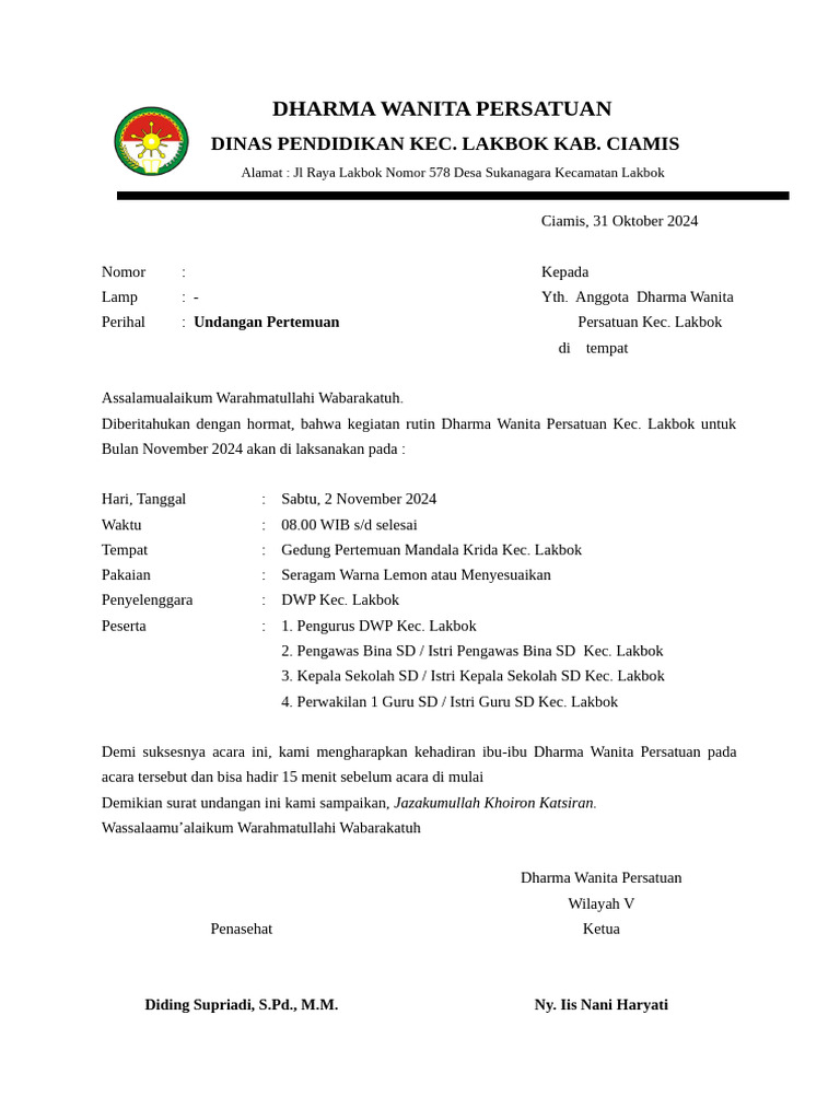 Surat Undangan Dharma Wanita | PDF