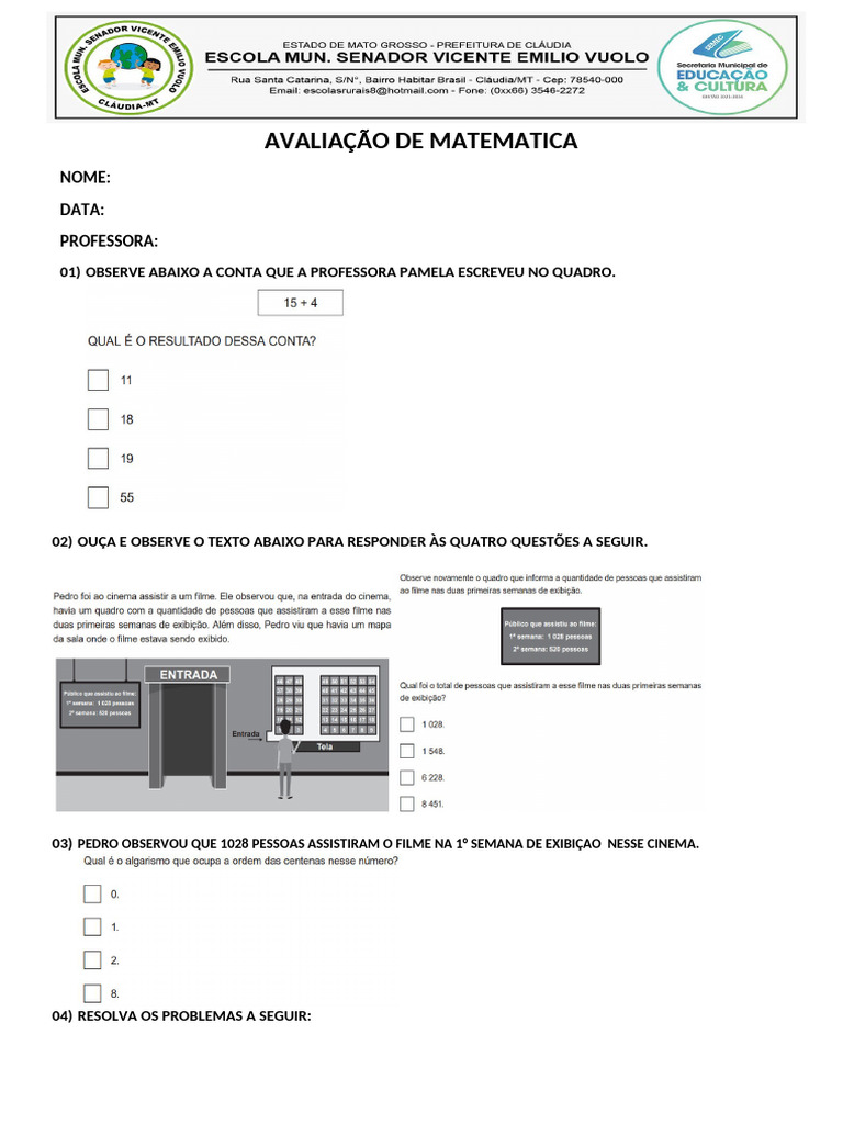 Avaliação de Matemática para Alunos | PDF