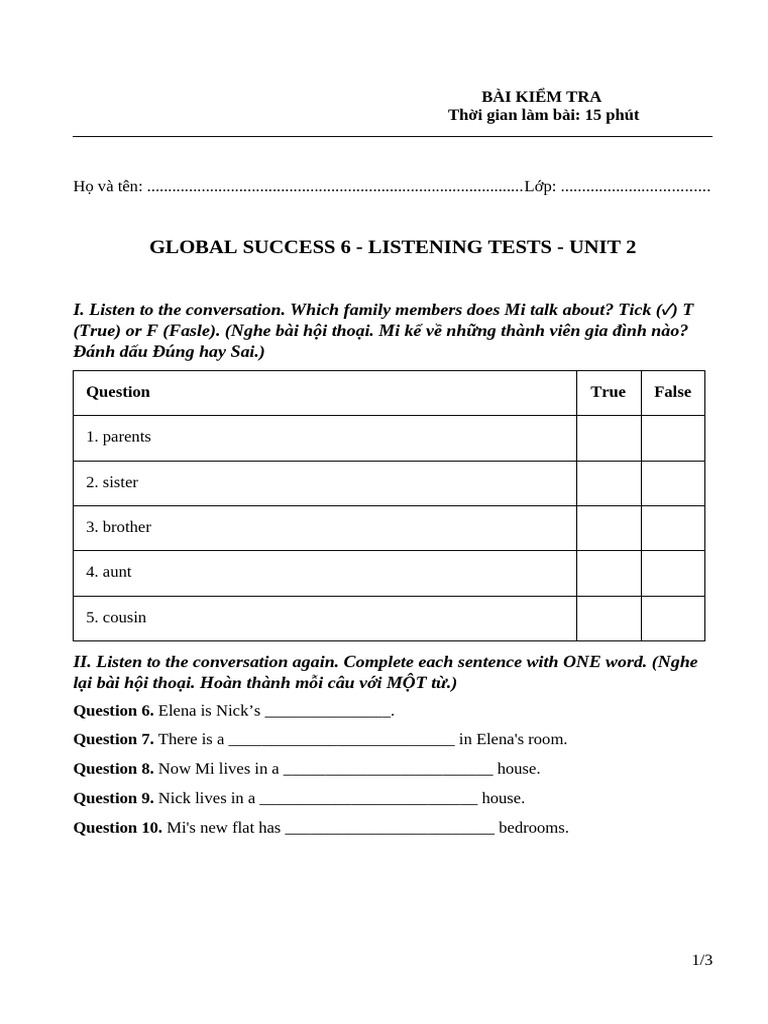 Global Success 6 - Listening Tests - Unit 2 | PDF