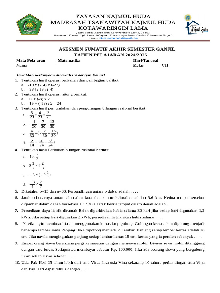 Soal MTK Uas Kelas 7, 8, 92025 Ganjil | PDF