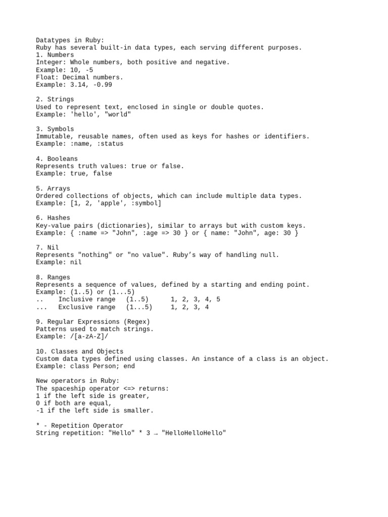 Datatypes in Ruby 1729146224671 | PDF