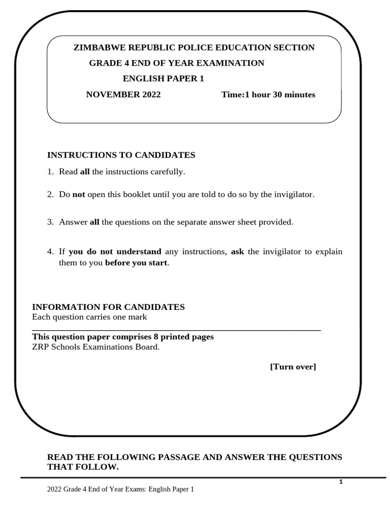 Grade 4 English Exam Paper 2022 | PDF | Travel