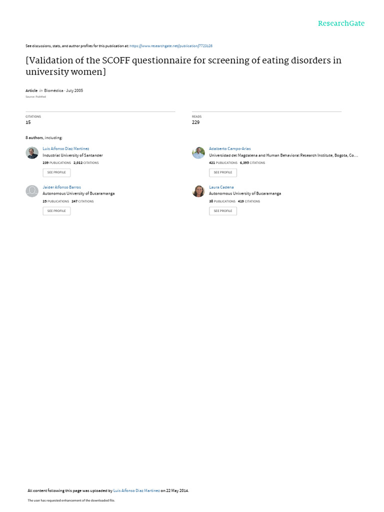 Validación del cuestionario SCOFF | PDF | Diagnostico medico | Manual Diagnóstico y Estadístico ...