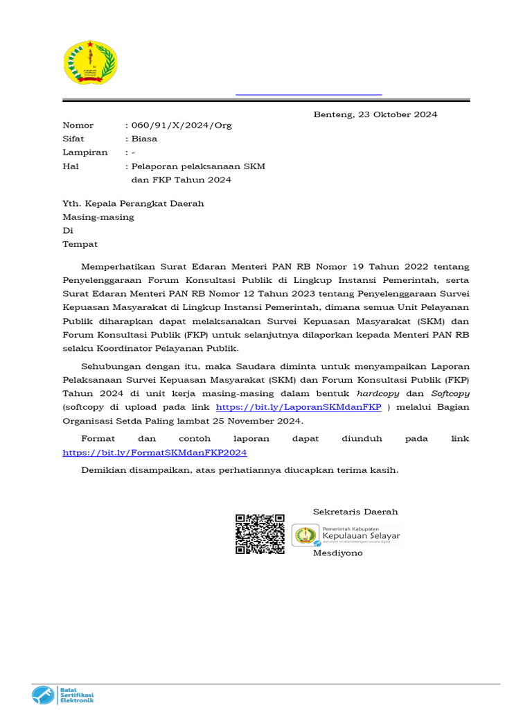 Surat Pelaporan Pelaksanaan SKM & FKP | PDF