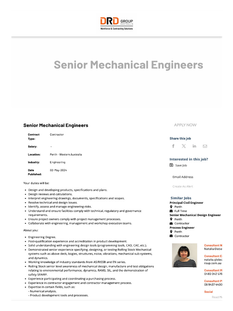 Required Skills Set in Perth For Mechanical Engineer | PDF