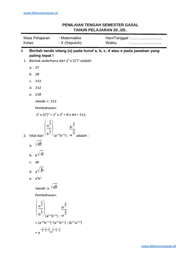 Soal & Jawaban PTS Matematika Kelas X Ganjil | PDF