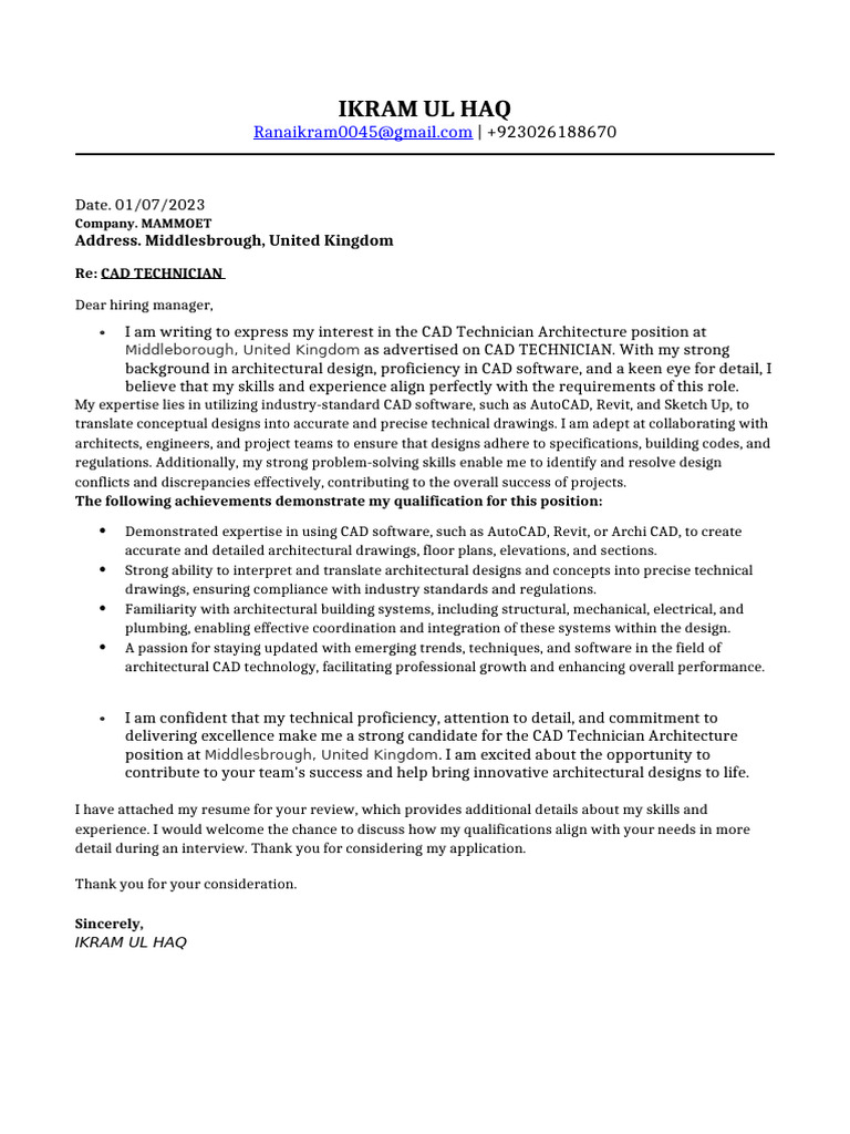 CAD TECHNICIAN Cover Latter | PDF | Computer Aided Design | Technical ...