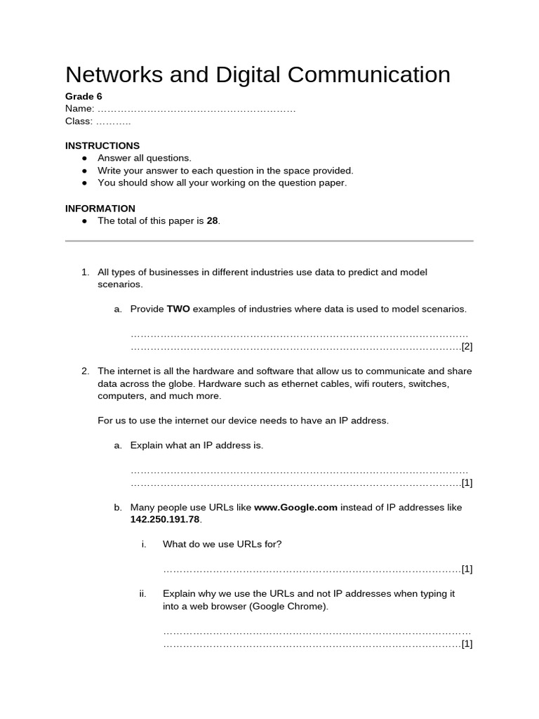 Grade 6 Networks Worksheet | PDF | Computer Network | Computer Science