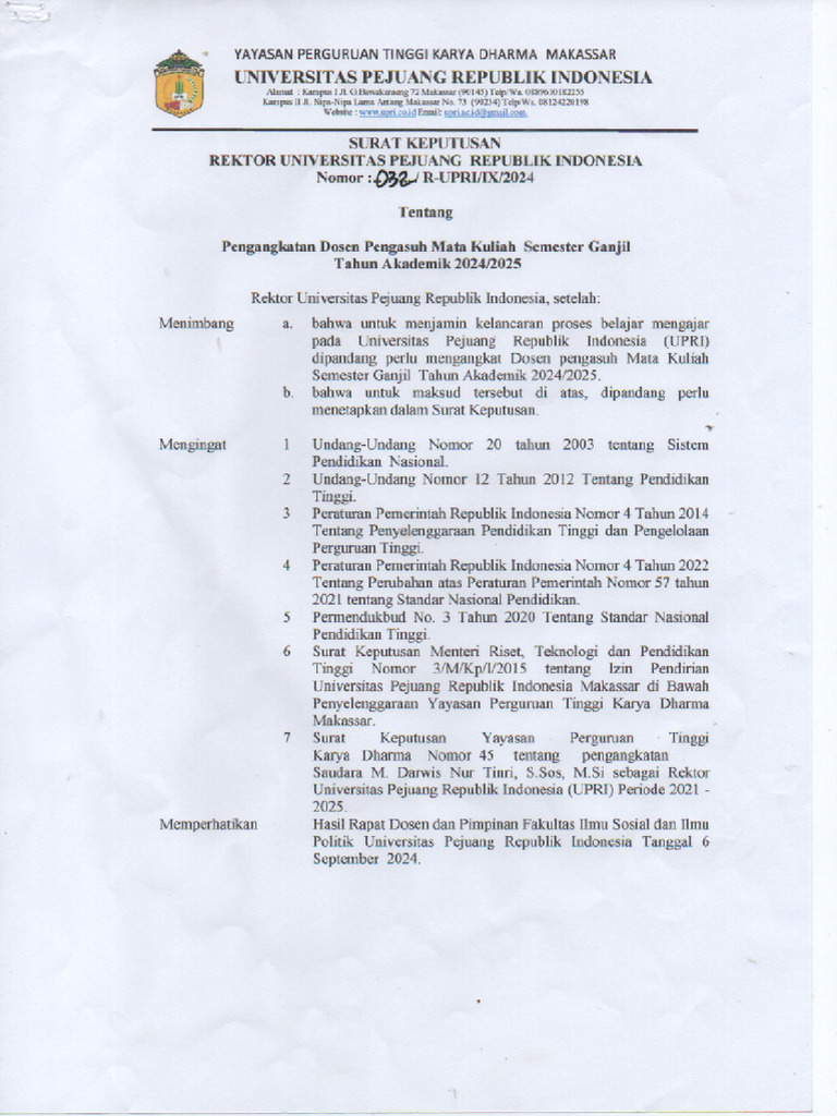 SK Dosen Pengampu MK Ganjil 2024 (ADM) | PDF