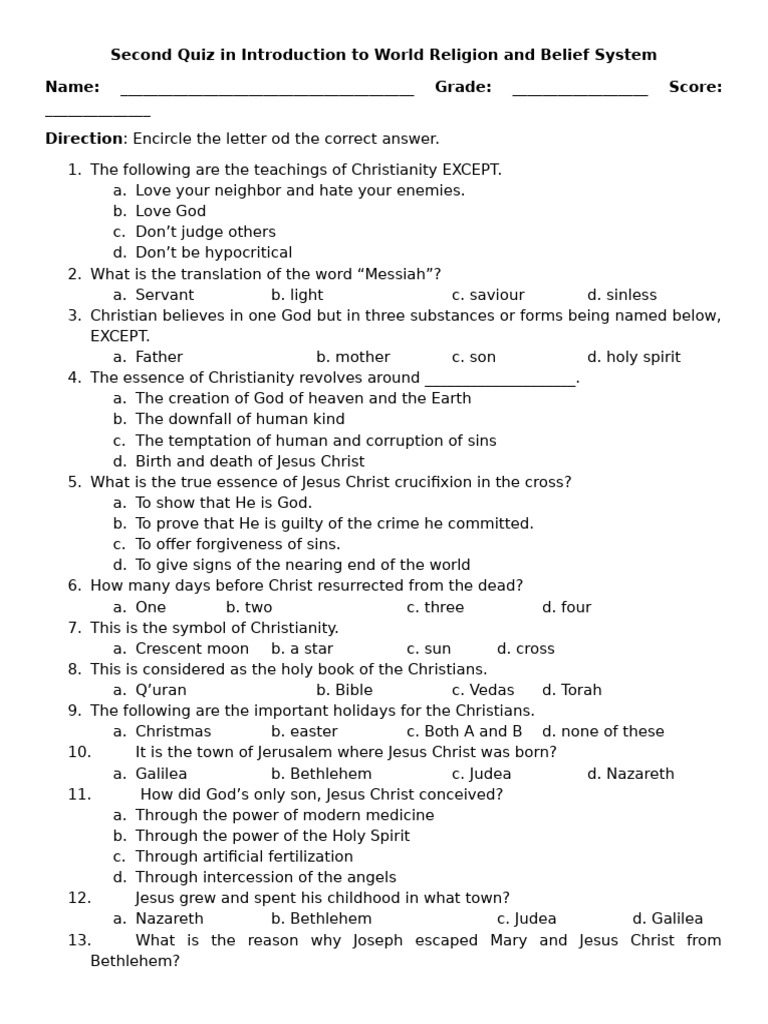 World Religion Quiz: Christianity Basics | PDF | Jesus | The Gospel