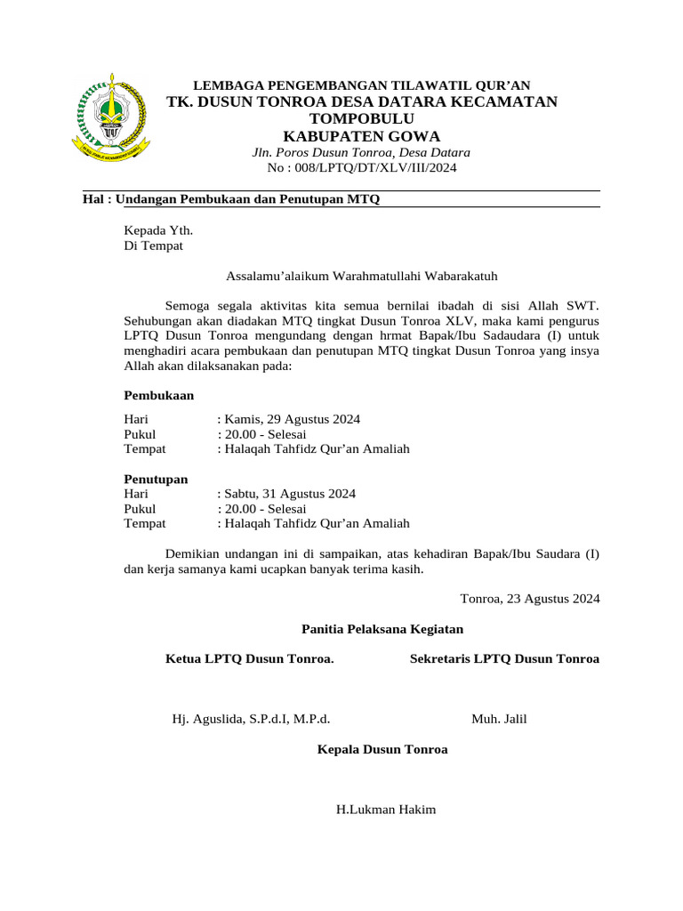 Undangan MTQ Fix | PDF | Perjalanan | Griya & Taman