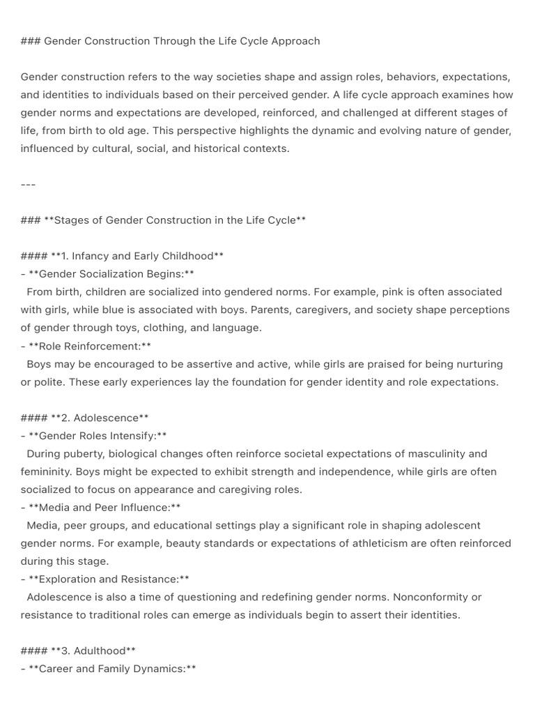 Gender Construction Through The Life Cycle Approach | PDF | Gender ...