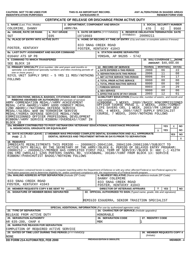 CERTIFICATE DD214 Fix12 11 | PDF | Military Of The United States | Military
