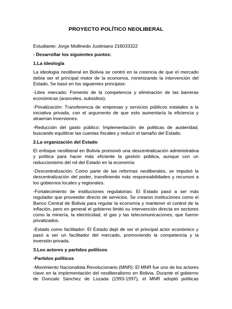 Proyecto Político Neoliberal | PDF | Neoliberalismo | Bolivia