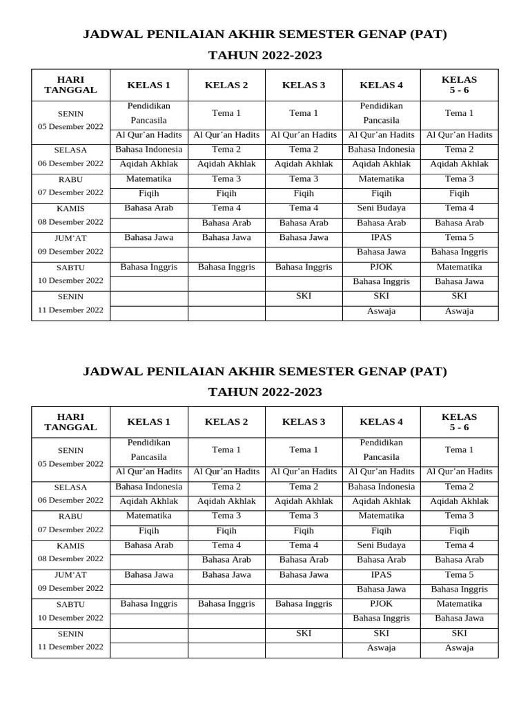 Jadwal Penilaian Akhir Semester Genap 2023 | PDF
