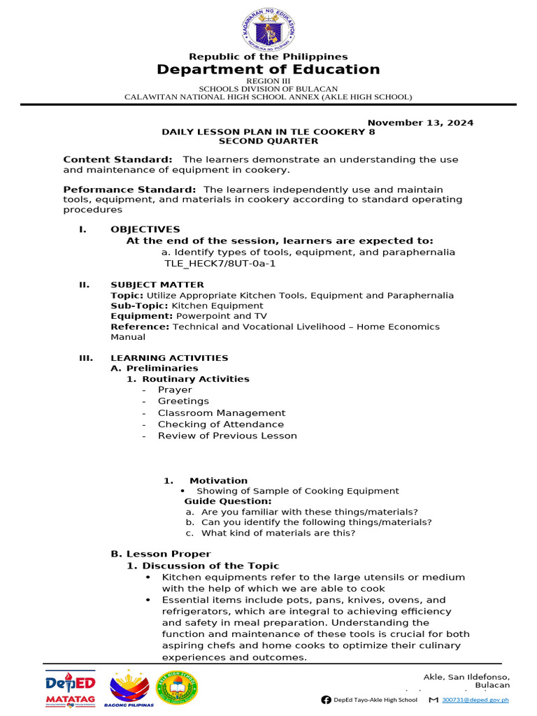 DLP TLE Day 3 | PDF | Kitchen | Cooking
