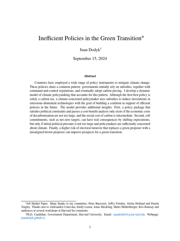Inefficient Policies in The Green Transition: Juan Dodyk September 15 ...