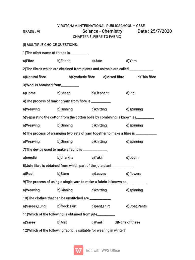 Fibre to Fabric: Class 6 Science Quiz | PDF