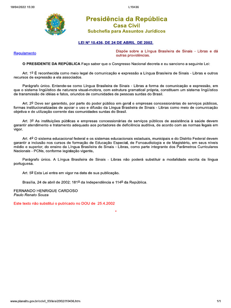 Lei de Libras 10.432 | PDF