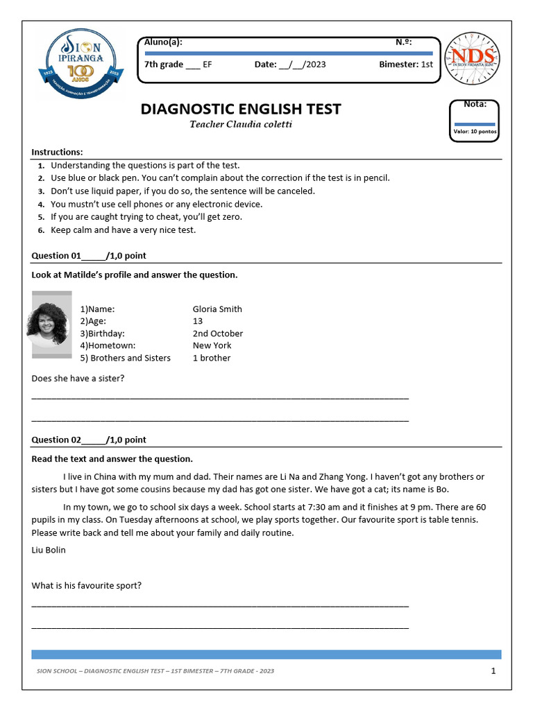 DIAGNOSTIC ENGLISH TEST 7th Grade | PDF