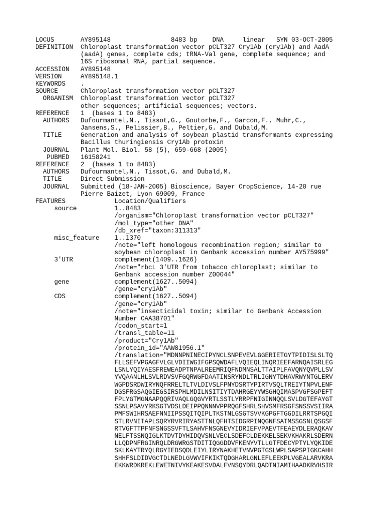 Chloroplast Vector pCLT327 Sequence | PDF | Ribosomal Rna | Nucleic Acids