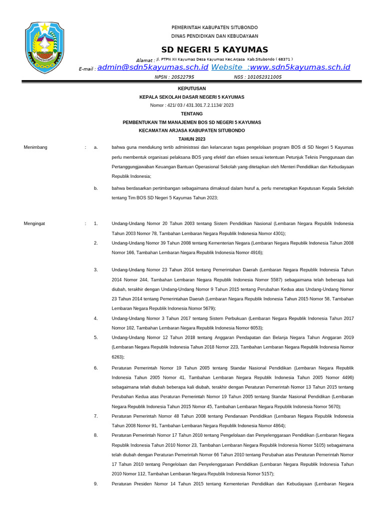 Contoh SK Tim BOS Reguler 2023 | PDF