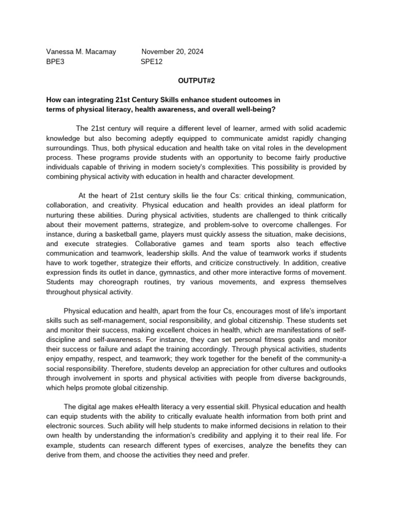 Spe12 Macamay Output2 | PDF | Critical Thinking | Physical Education