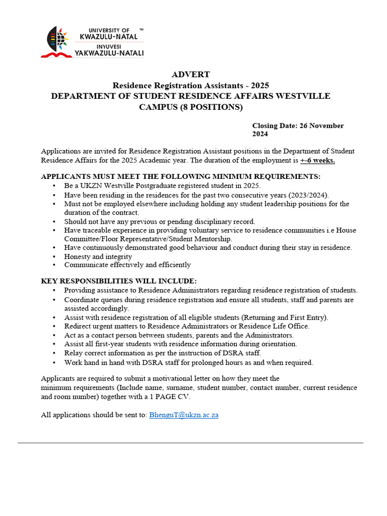 Advert - Residence Registration Assistant Positions 2025 Westville ...