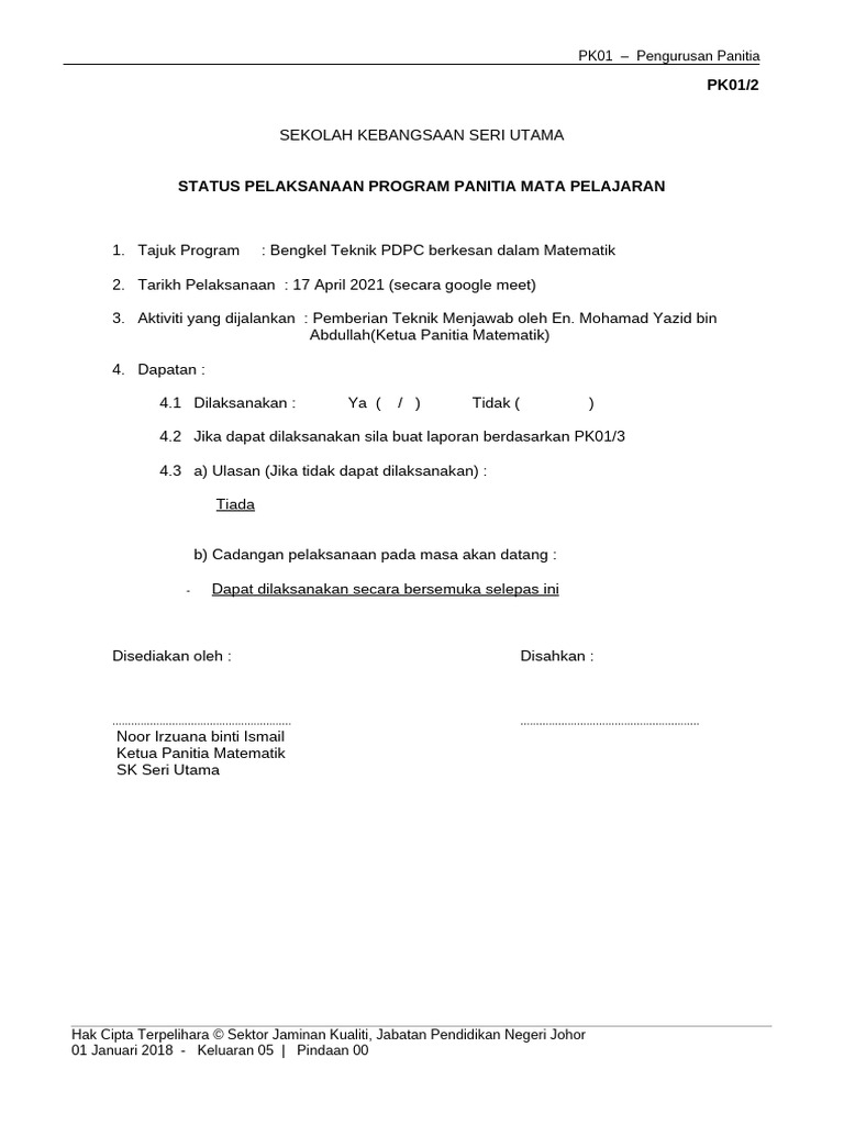 PK01-2 Laporan Pelaksanaan Program Panitia Mata Pelajaran - 13.11 | PDF