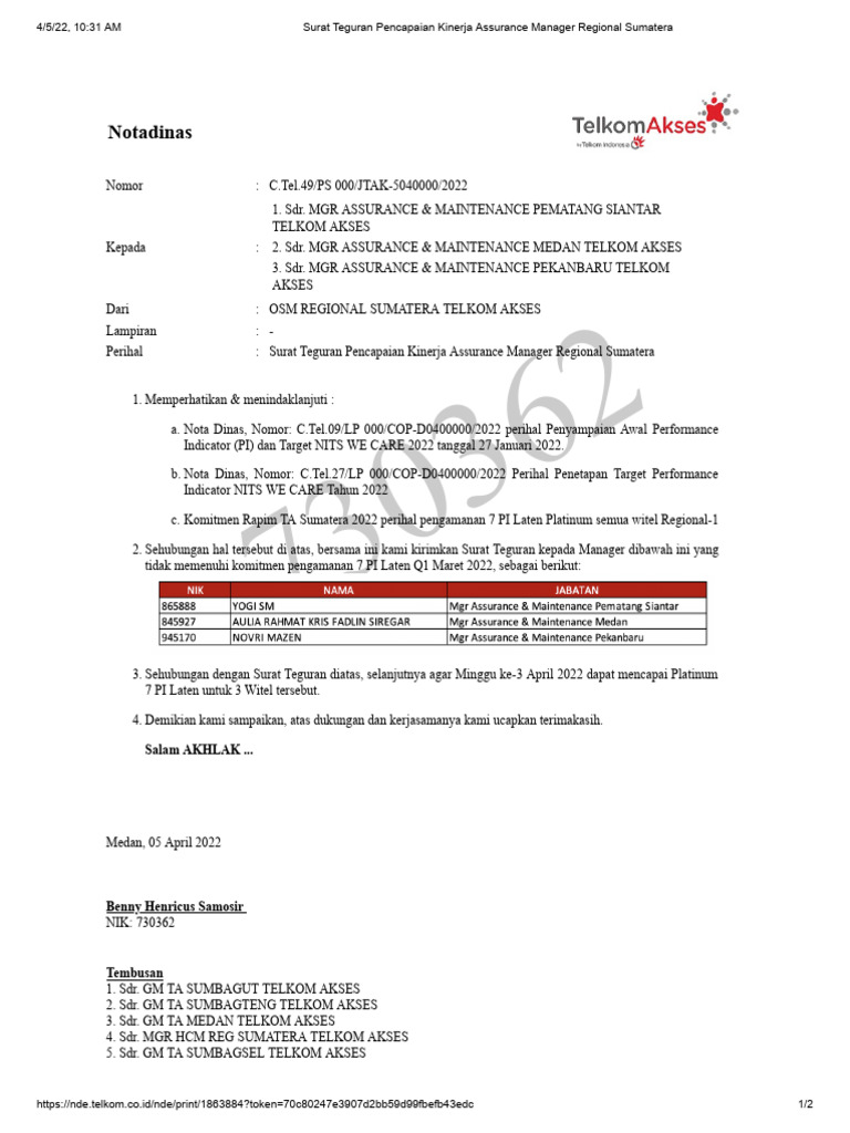 Surat Teguran Pencapaian Kinerja Assurance Manager Regional Sumatera | PDF | Pengelolaan ...
