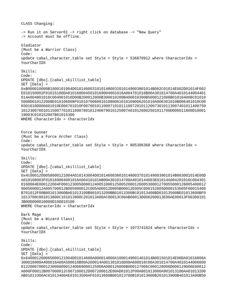 Class Change Codes for Cabal Online | PDF