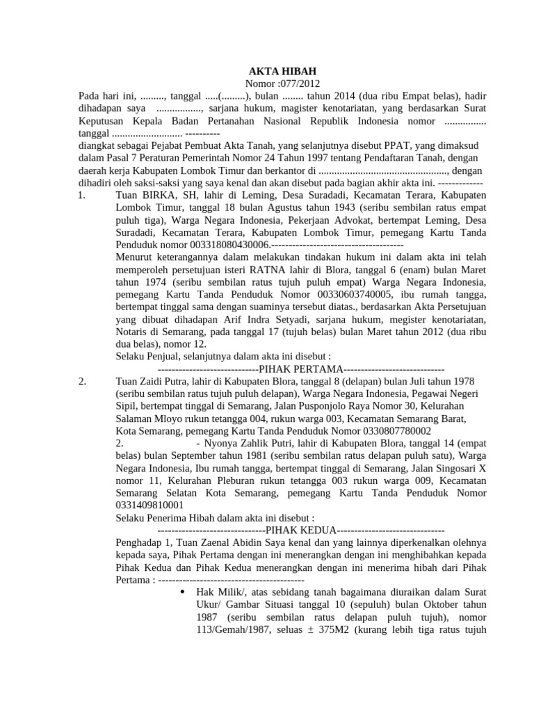 Contoh Akta Hibah Tanah | PDF