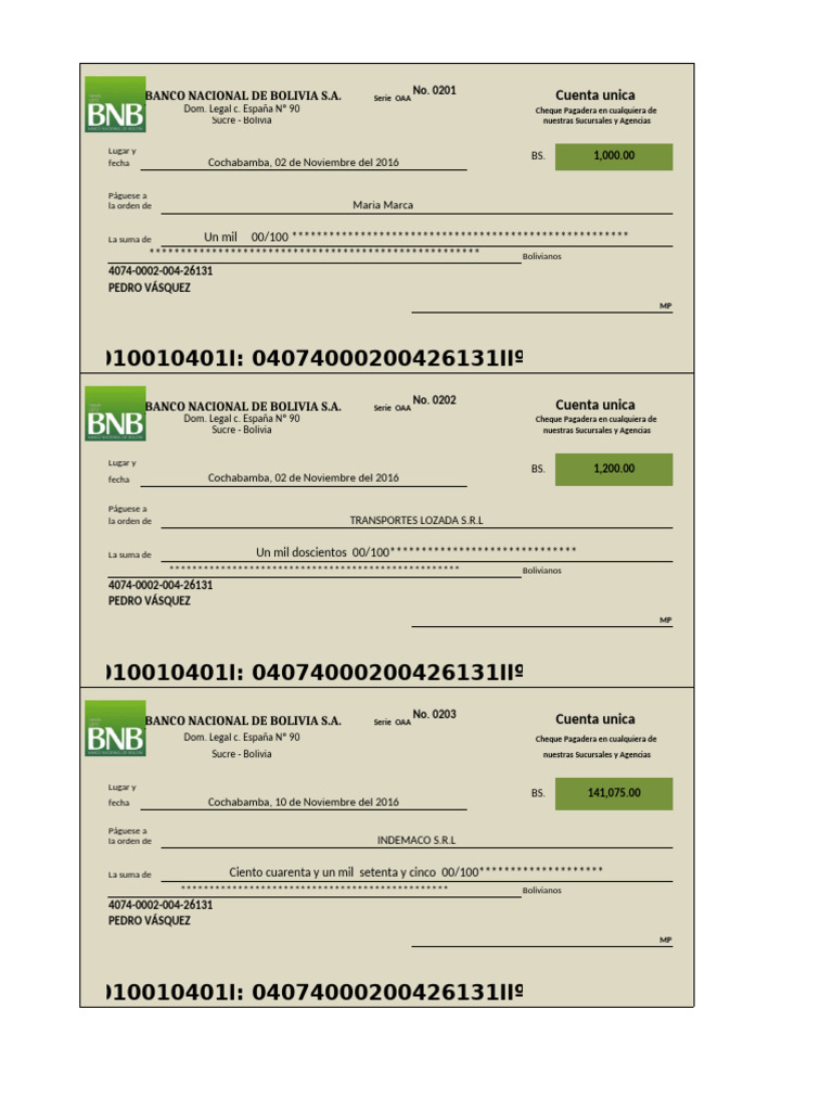 Cheques y Facturas de Banco Nacional Bolivia | PDF | Bolivia ...