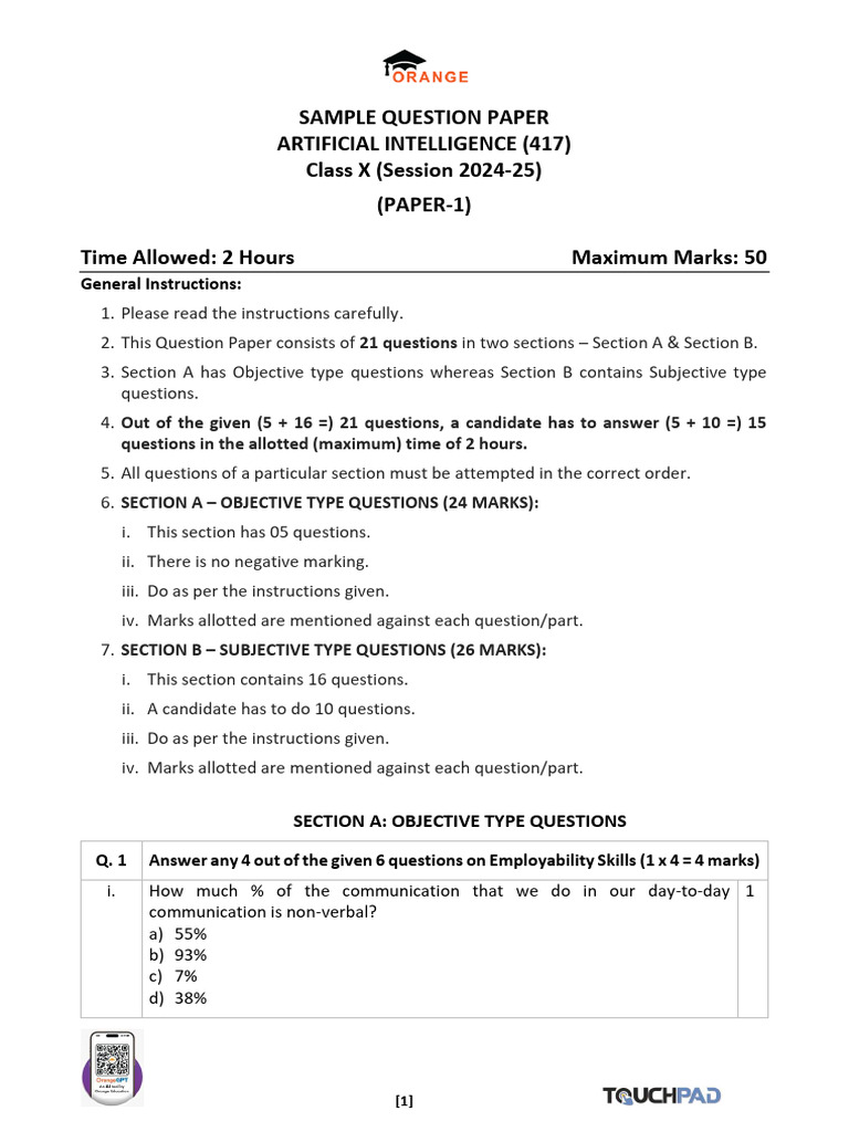 Orange - AI417 - 10 - QP (P1) AI Class 10 Sample | PDF | Artificial Intelligence | Intelligence ...