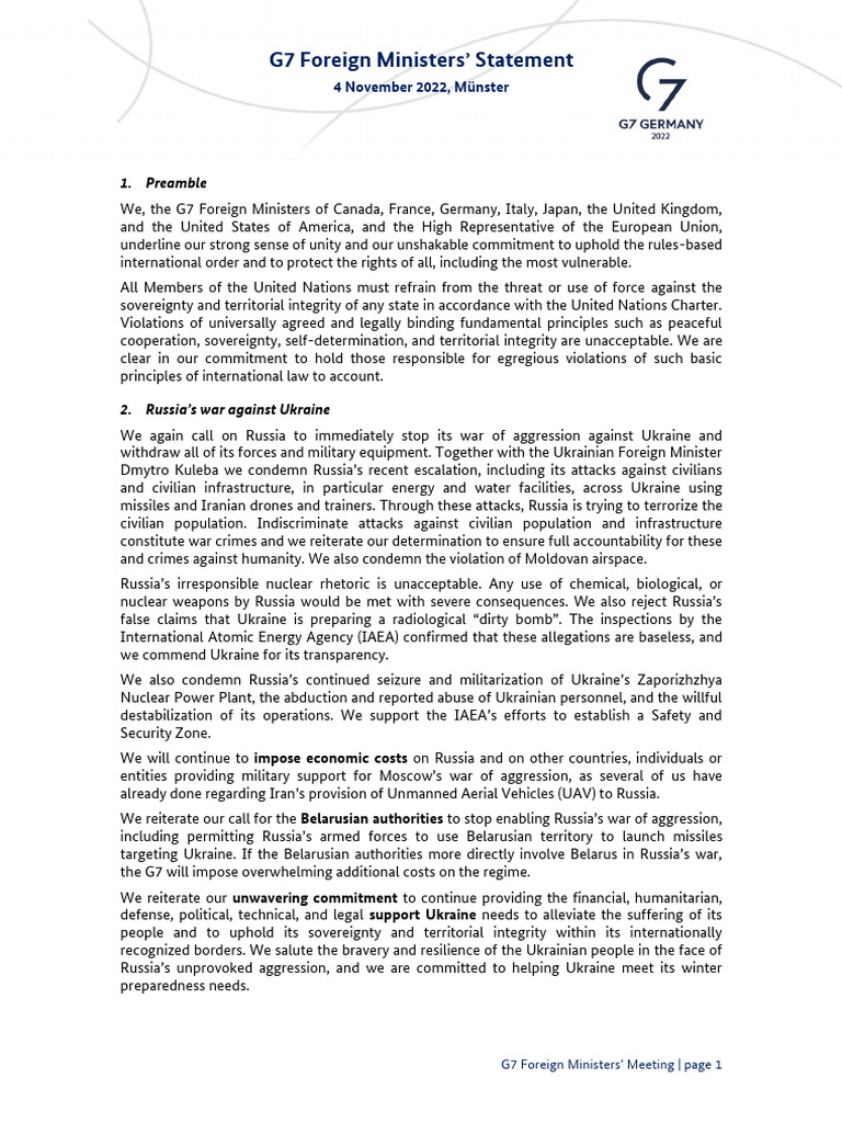 g7 FM Statement November 2022 Cle83d8d7 | PDF | Nuclear Proliferation ...