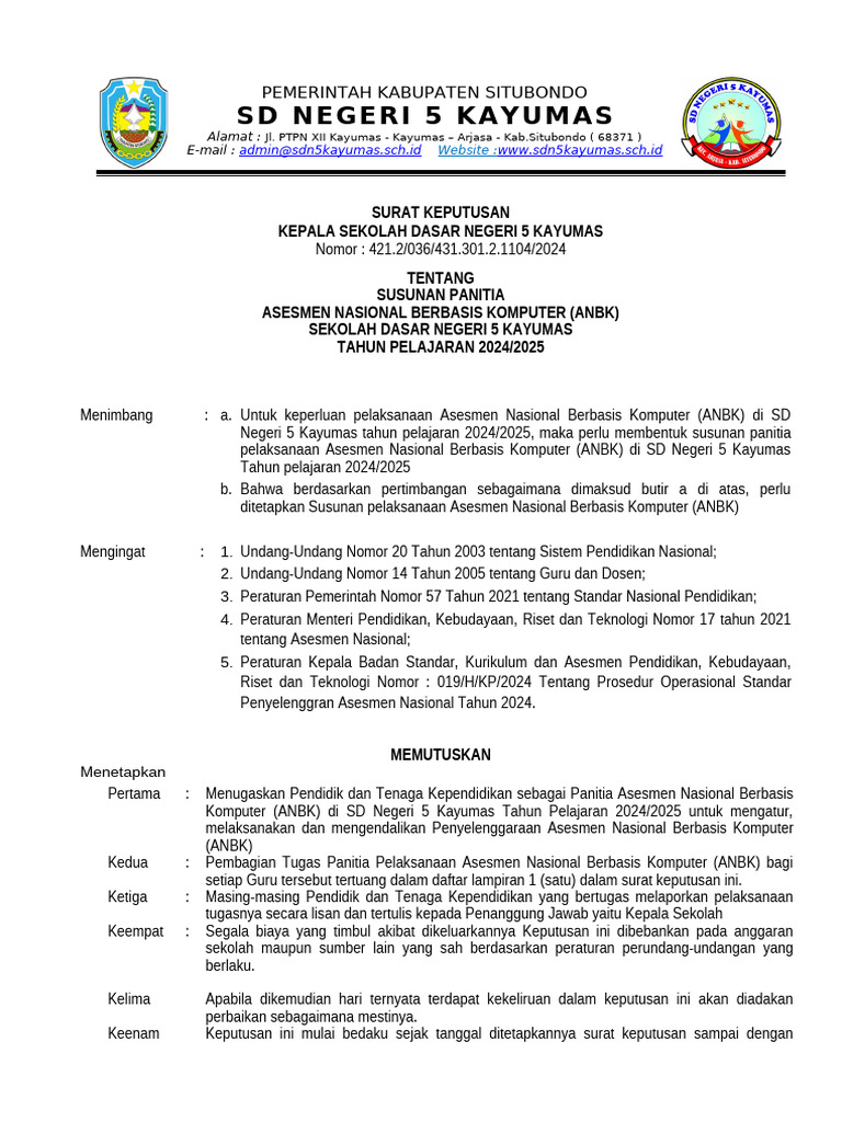 SK Panitia ANBK - SD 2024 | PDF