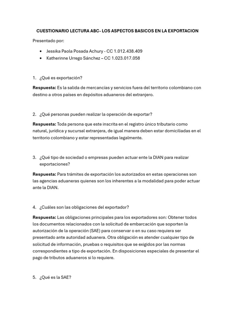 Cuestionario Lectura ABC-los Aspectos Basicos en La Exportacion | PDF | El comercio ...