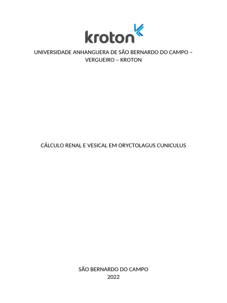 Calculo Renal, Vesical Obstrução Ureteral e Uretral | PDF | Cálcio | Coelho