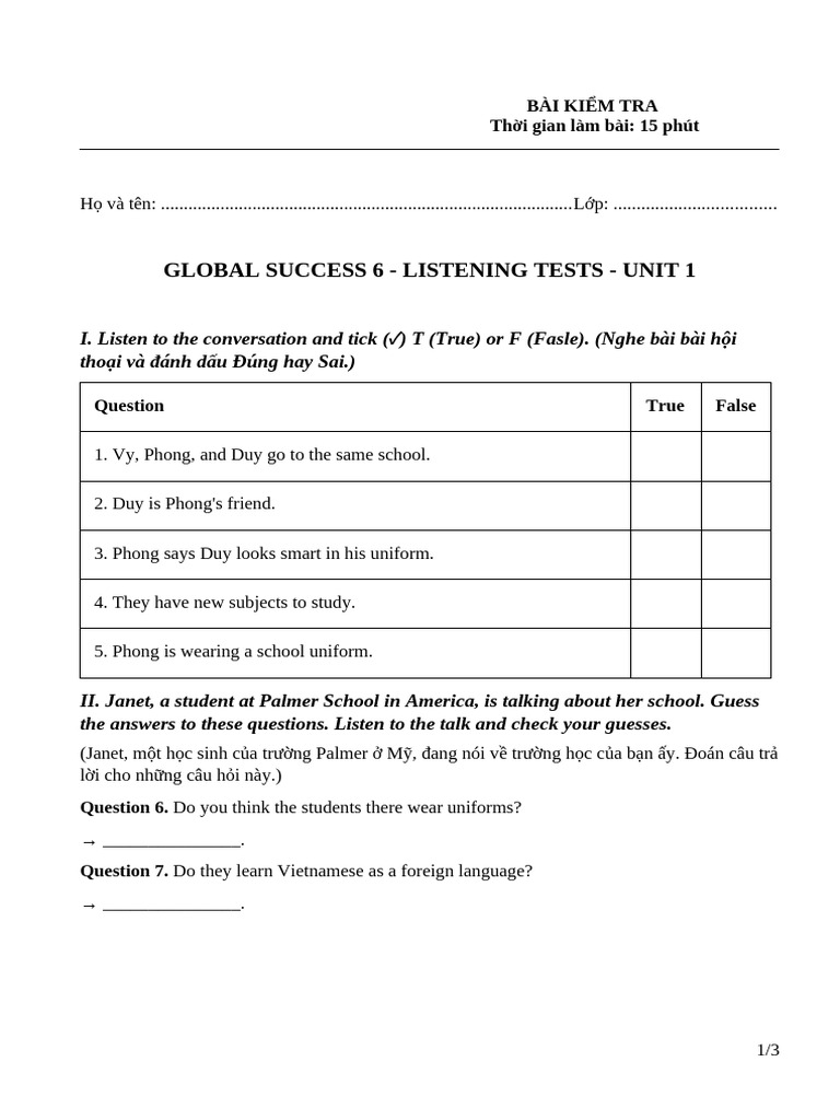 Global Success 6 Unit 1 Listening Test | PDF | Language Arts & Discipline