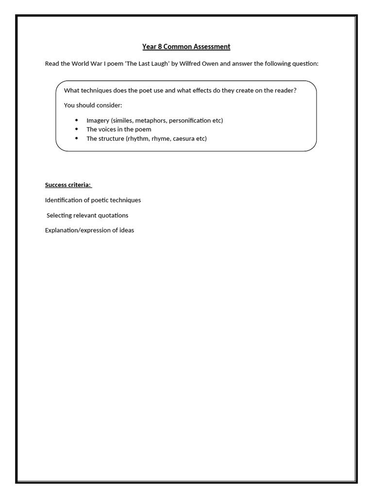Year 8 Common Assessment - Poetry Reading | PDF