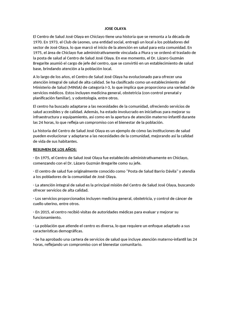 Centro de Salud José Olaya en Chiclayo | PDF | Medicina | Cuidado de la ...