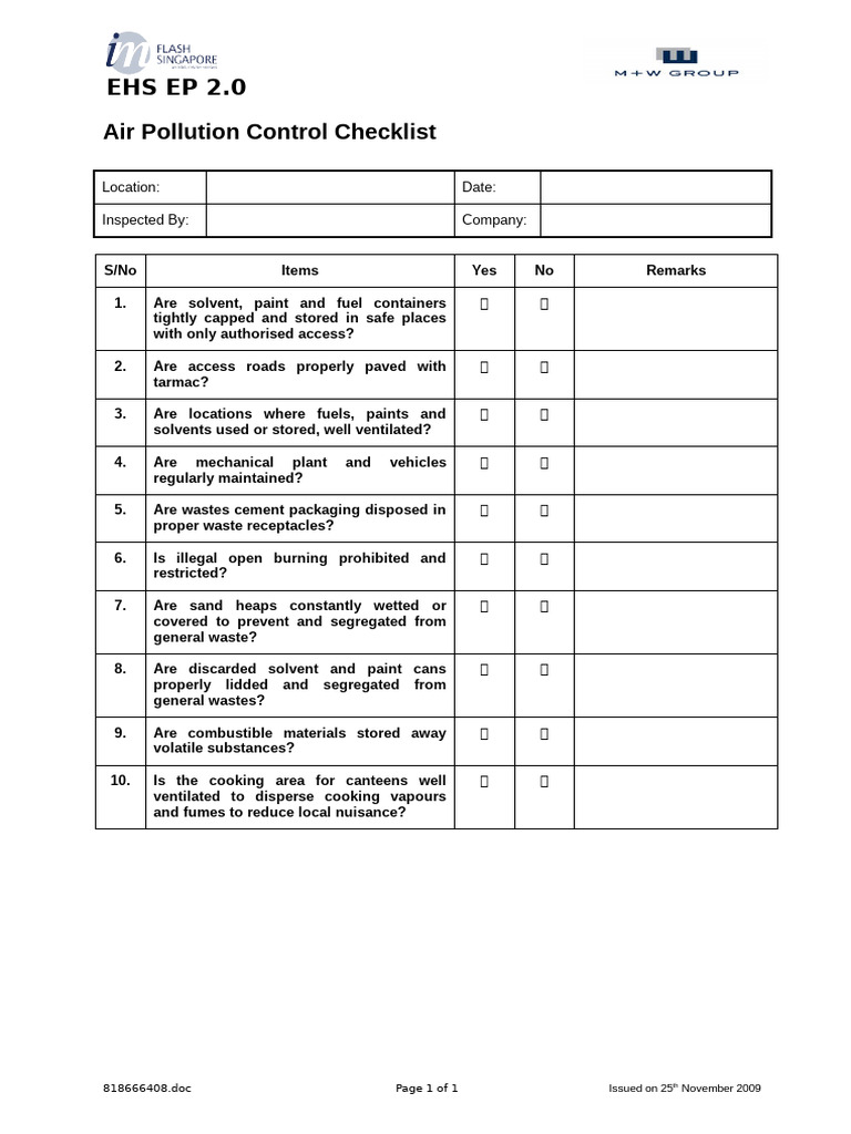 Air Pollution Control Checklist | PDF